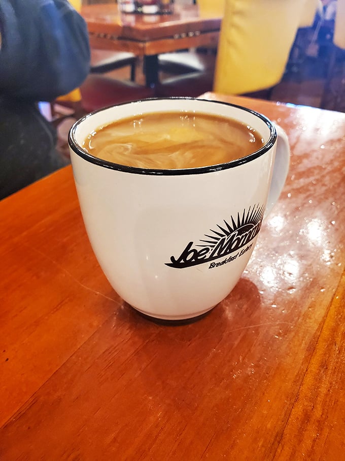 Coffee served in the restaurant's signature mug—the kind of vessel that means business about your caffeine needs.