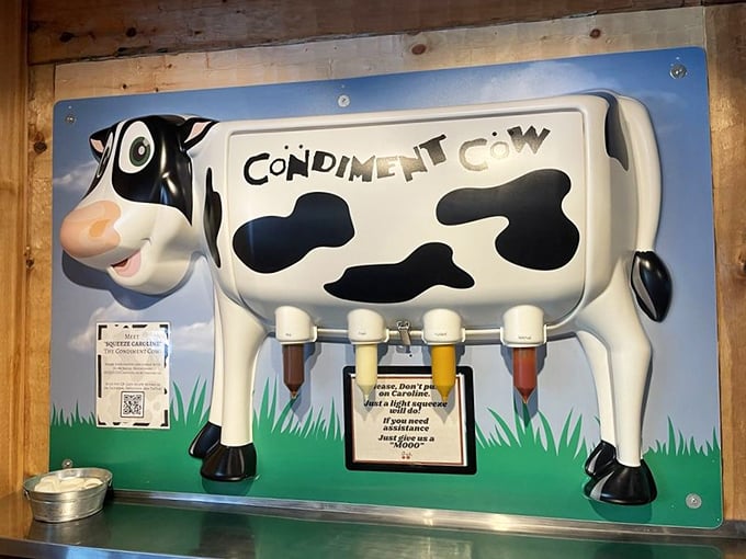 Even the condiment station has personality – this cow's got more charm than most celebrities.