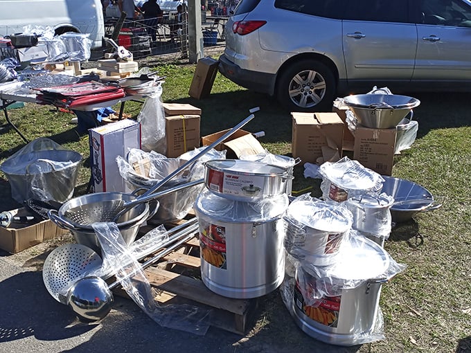 Kitchen equipment that means business. These aren't dainty pots for heating soup—they're cauldrons for feeding small armies or particularly hungry teenagers.
