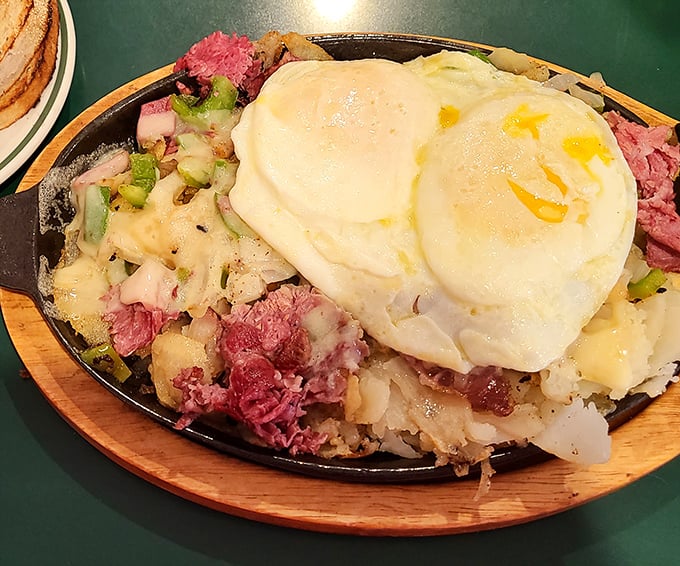Corned beef hash crowned with sunny-side-up eggs—the breakfast of champions and the cure for whatever ailed you the night before.
