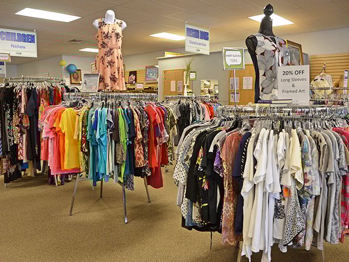 The clothing section's rainbow organization system makes finding your next favorite outfit a breeze. That floral dress is summer personified.