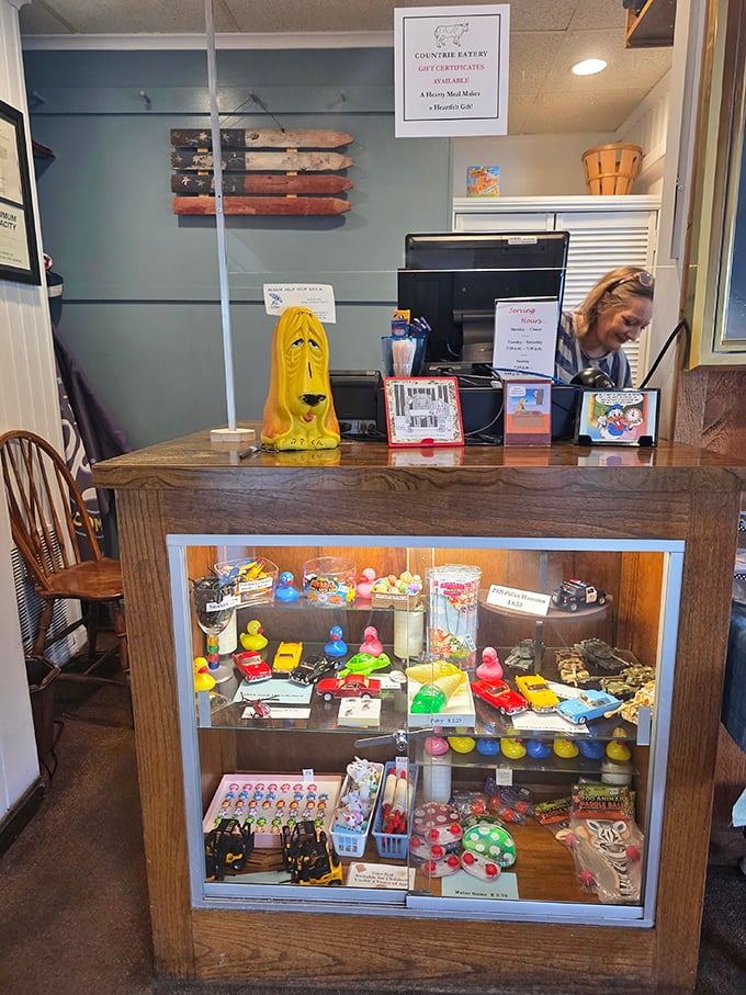 The counter area showcases a whimsical banana figure—because every great breakfast spot needs a touch of playful personality.