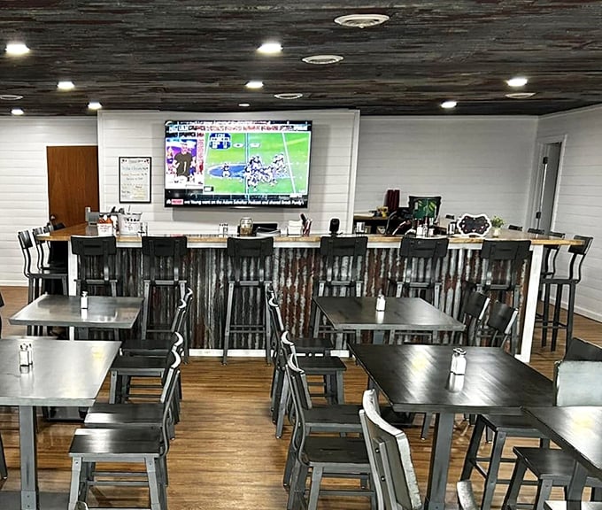 The bar area invites you to settle in and stay awhile. Sports on TV, good food on the table—what more could a reasonable person want?