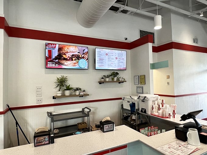 The counter view reveals the restaurant's clean, efficient design—where every element serves both form and function, just like their perfect sandwiches.