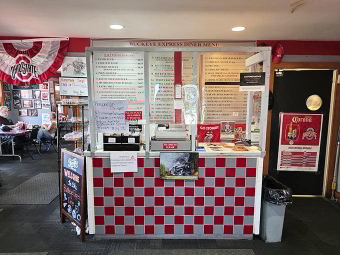 The heart of any great diner is its counter. Red and white checkerboard pattern says "classic American eatery" in a language everyone understands.
