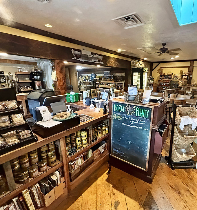 Part country store, part restaurant check-in—this counter area offers a glimpse into the restaurant's farm-to-table philosophy before you even sit down.