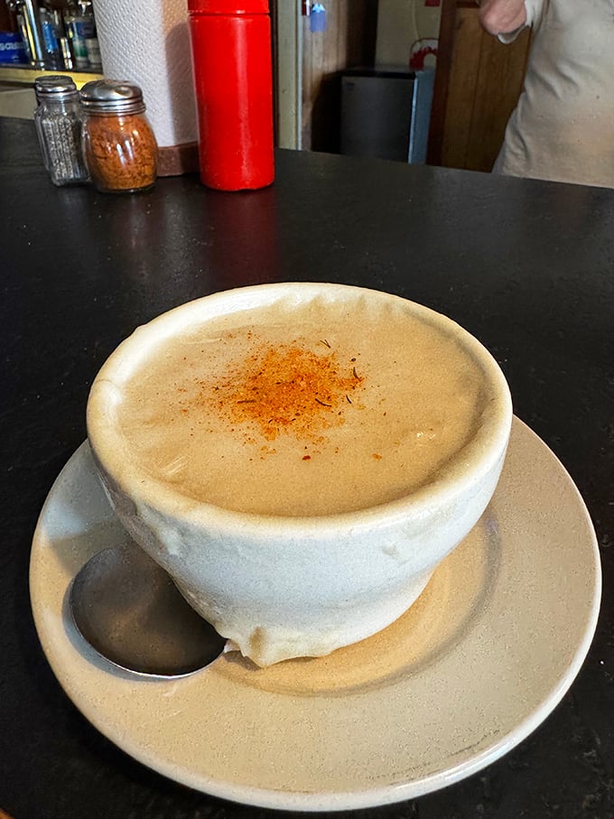Cream of crab soup so rich and velvety it should come with its own retirement plan. Those chunks of crab meat aren't being shy.