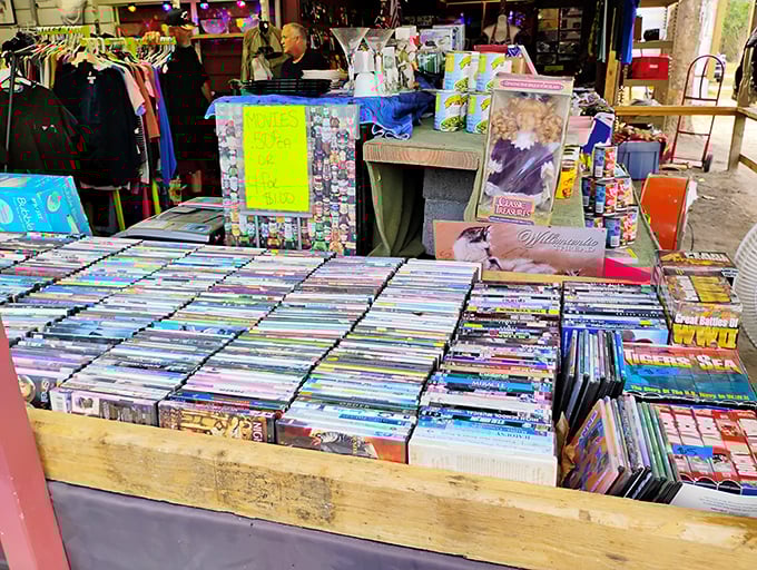 Hollywood's history spread across a wooden table—each DVD a portal to movie nights past. Before streaming, we had these plastic time machines.