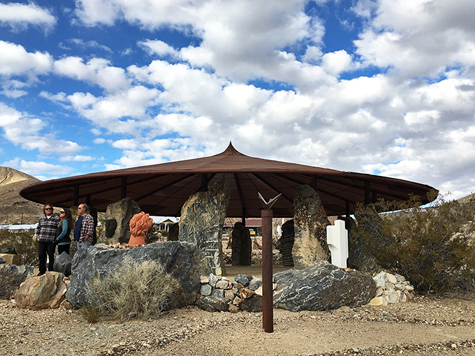 This stone circle pavilion looks like a meeting place for desert philosophers or the world's most remote cocktail party.
