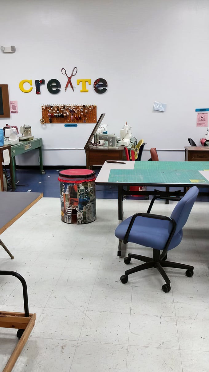 The "CREATE" wall says it all—this maker space transforms good intentions into actual projects with tools, tables, and endless inspiration.