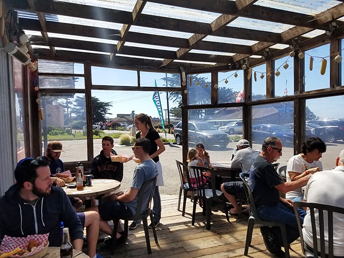 The screened patio—where salty air seasons every bite and string lights create ambiance no interior designer could replicate at any price.