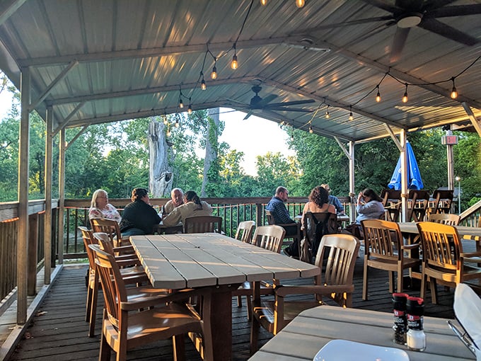 The outdoor dining area offers a front-row seat to Ohio's natural beauty – dinner and a sunset show included at no extra charge.