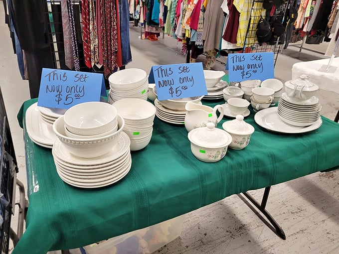 Dish sets priced to move at $5.99—because mismatched plates are charming until you host Thanksgiving and your mother-in-law raises an eyebrow. 