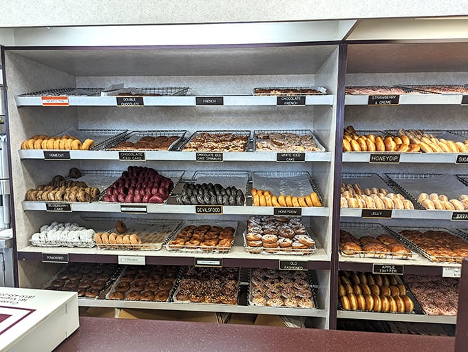 The display case—a museum of possibility where every shelf tells a different sweet story. Art that's meant to be eaten rather than observed.