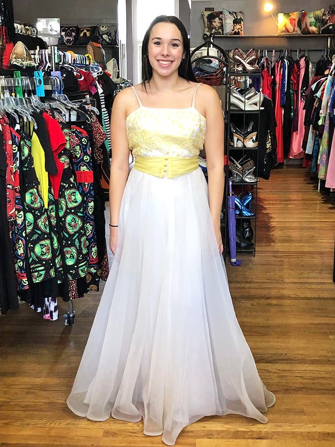 Proof that "thrift" doesn't mean "settling"—this ethereal vintage gown waits for its next special occasion while making everything around it look underdressed.
