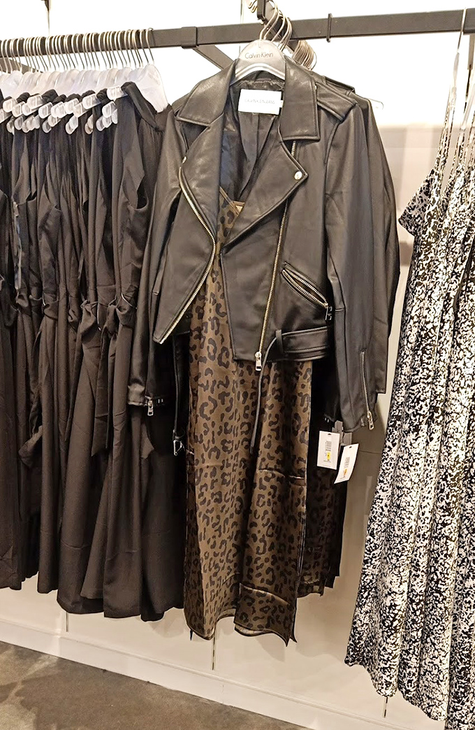 The leather jacket and leopard dress combo—for when you're feeling both "motorcycle rebel" and "cocktail sophisticated" simultaneously.