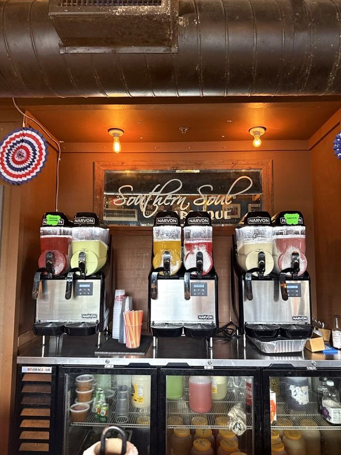The frozen drink station – where sweet tea slushies and frozen concoctions stand ready to cool the fire of perfectly spiced barbecue.