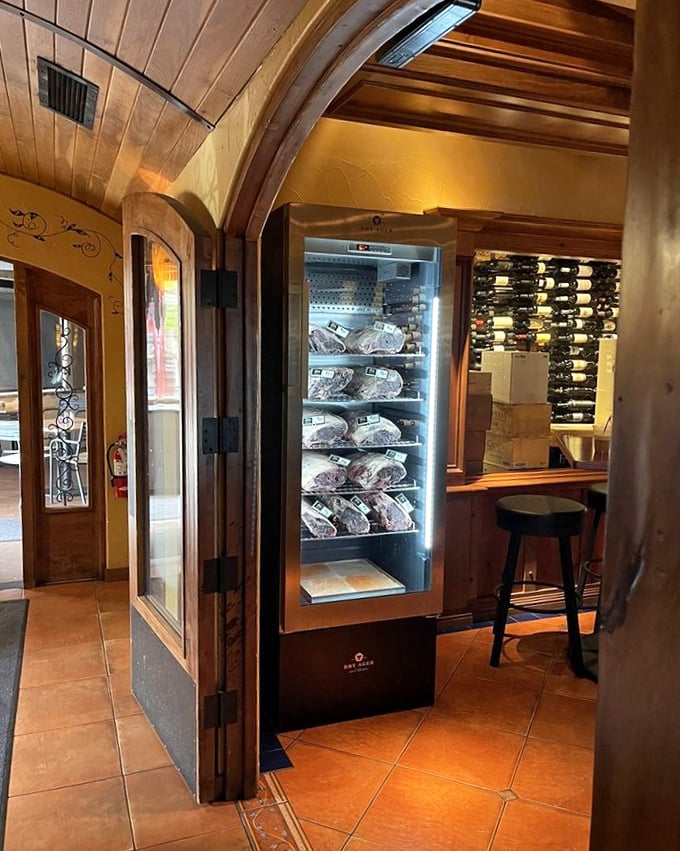 The dry-aging room—where patience transforms good meat into greatness. A temple of controlled time and temperature.