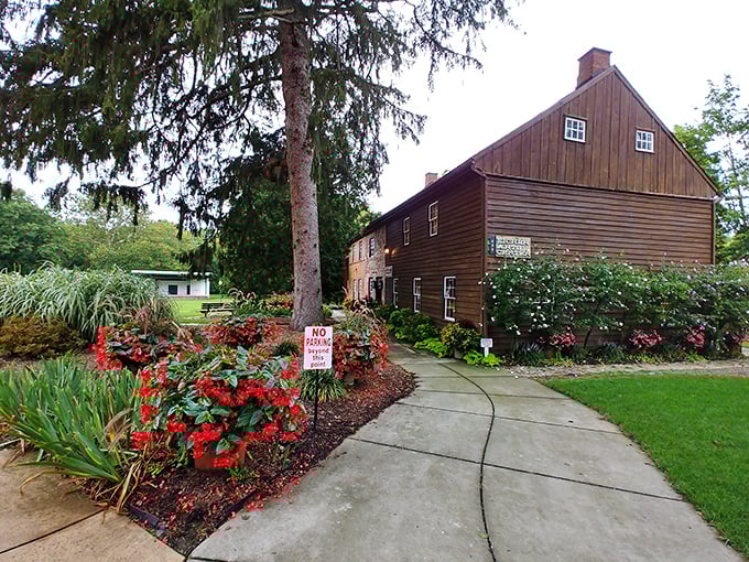 The Eicher Arts Center's wooden exterior and vibrant garden create a scene so picturesque it belongs on a Lancaster County postcard.