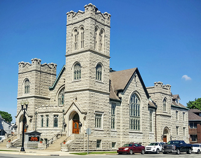 First Presbyterian's magnificent stone towers reach skyward like something from a Gothic novel – if Gothic novels were set in friendly Midwestern towns.