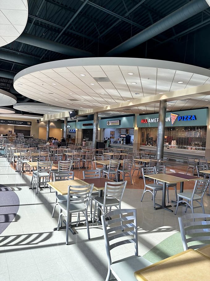 The food court: where shopping warriors refuel before heading back to the retail battlefield. 