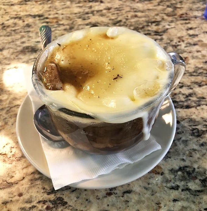 French onion soup wearing its cheese blanket like a cozy winter sweater – pure comfort in a crock.