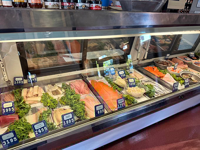 The seafood display case – where today's catch waits to become tonight's masterpiece. Freshness you can actually see.