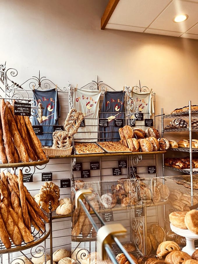 Bread displayed like the art form it truly is – from baguettes standing at attention to boules lounging in wicker baskets.