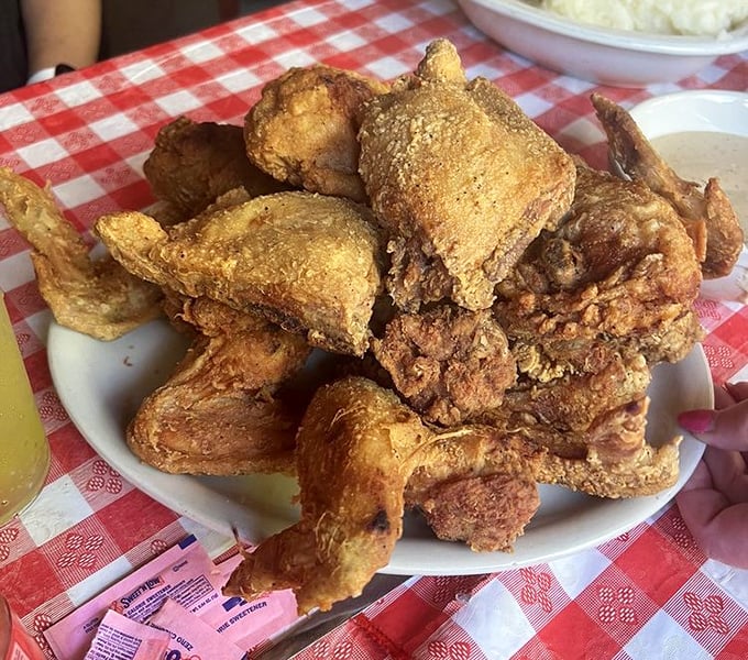 Fried chicken that defines the genre—golden, crackling crust giving way to juicy meat that makes you understand why people drive for hours to get here.