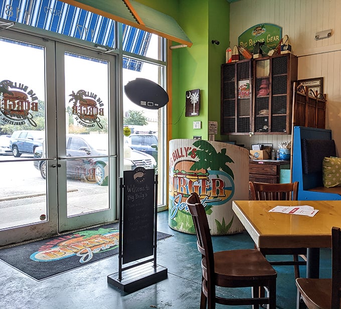 The welcoming entrance features coastal colors and a chalkboard sign – like walking into a friend's beach house who happens to cook brilliantly.