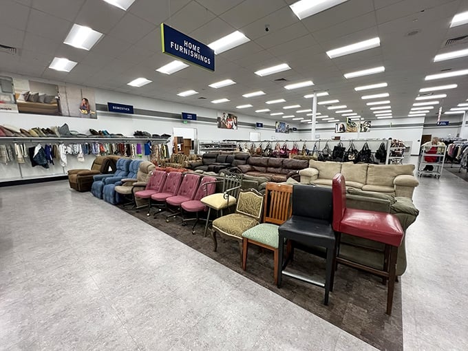The furniture section resembles a living room lineup where sofas and chairs of various decades wait patiently for their callback audition.