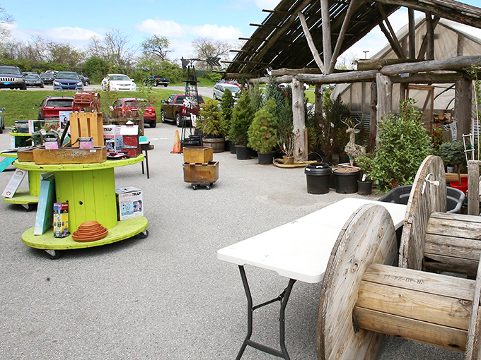 Garden treasures await green thumbs. That repurposed cable spool makes a charming outdoor table—someone's Pinterest dream ready for the taking.