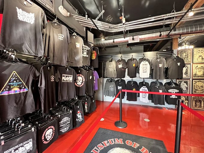 The gift shop ensures you can take a piece of mortality home with you. Death-themed t-shirts make unique souvenirs!