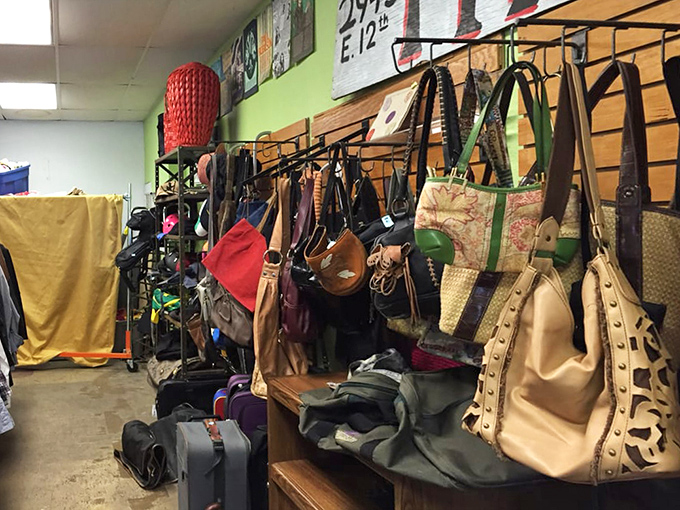 Handbag heaven or purse purgatory? This wall of secondhand accessories offers everything from practical totes to statement pieces with previous lives.