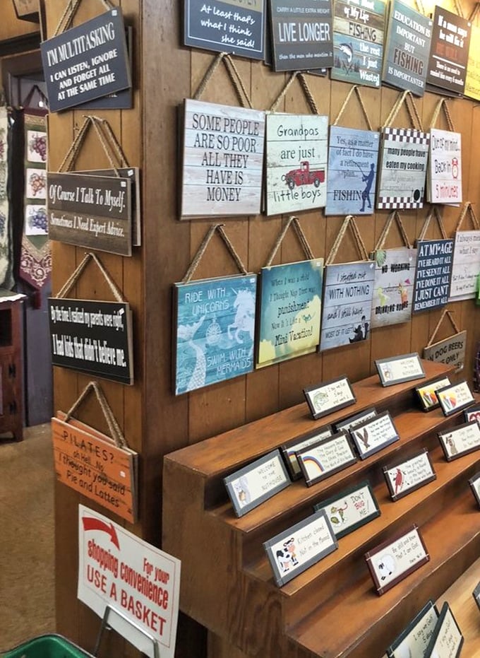Rustic wall signs deliver folksy wisdom alongside your pie purchase—because life lessons come free here.