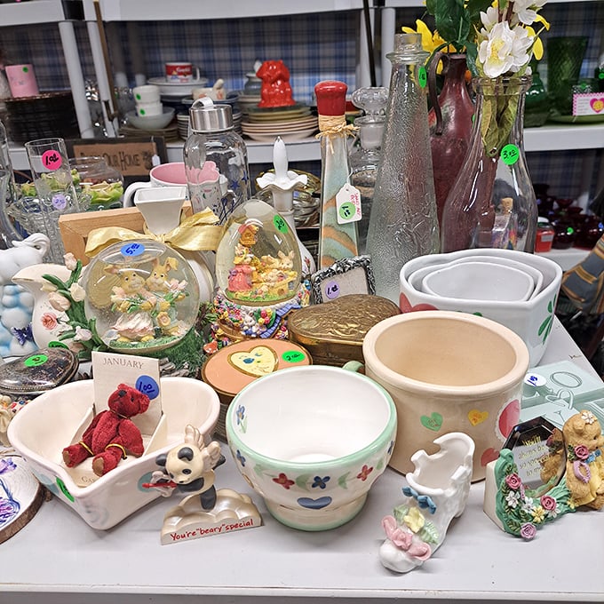 Knick-knacks and bric-a-brac having a family reunion. That little ceramic dog is judging your decorating choices from afar.
