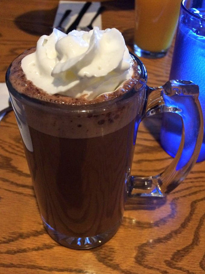 Hot chocolate that doesn't just come with whipped cream—it provides a proper whipped cream experience. Winter comfort in a blue mug. 