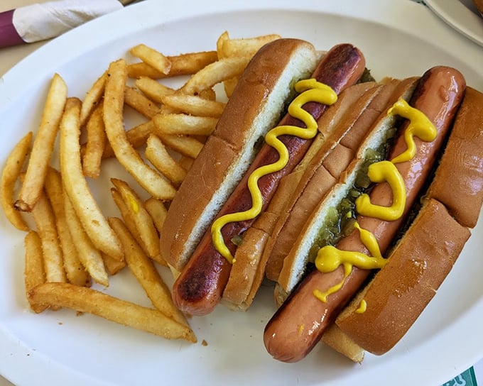 Hot dogs dressed for success with mustard zigzags that would make Jackson Pollock proud, accompanied by fries that deserve their own fan club.