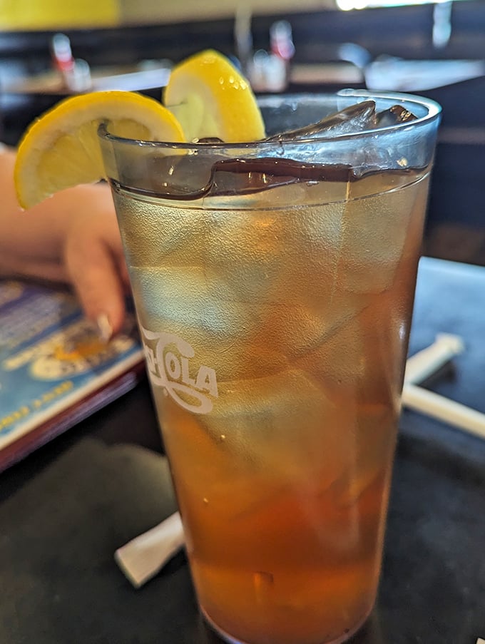 Sweet tea served exactly as it should be – cold, refreshing, and strong enough to make any conversation more enjoyable.