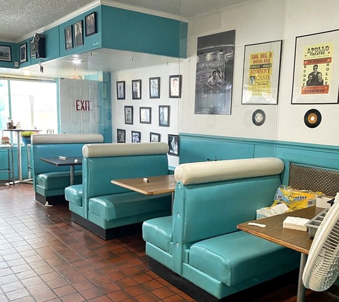 Classic turquoise booths that don't just seat diners—they embrace them in vinyl-upholstered comfort that's witnessed decades of first dates and family celebrations.