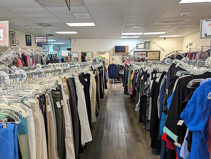 The men's section offers everything from casual beachwear to office attire—all meticulously arranged for the reluctant male shopper.