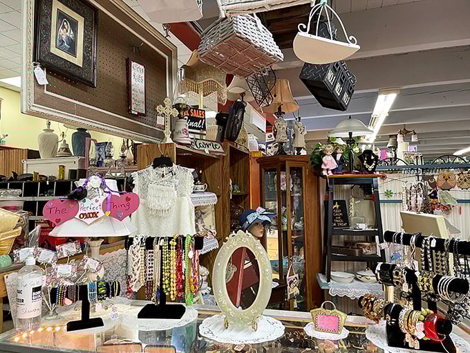 Delicate jewelry displays transform everyday accessories into time capsules of fashion history, each necklace and brooch telling stories of celebrations past.
