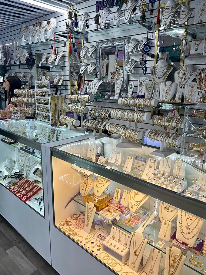 Jewelry displays that sparkle under fluorescent lights, offering bling for every occasion from "Tuesday at the supermarket" to "dinner with the in-laws."