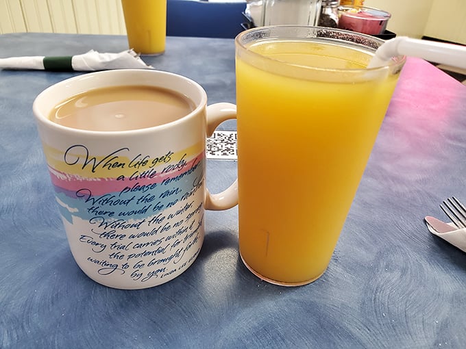 The breakfast power couple: coffee and juice. One wakes you up, the other pretends you're being healthy—perfect morning diplomacy.