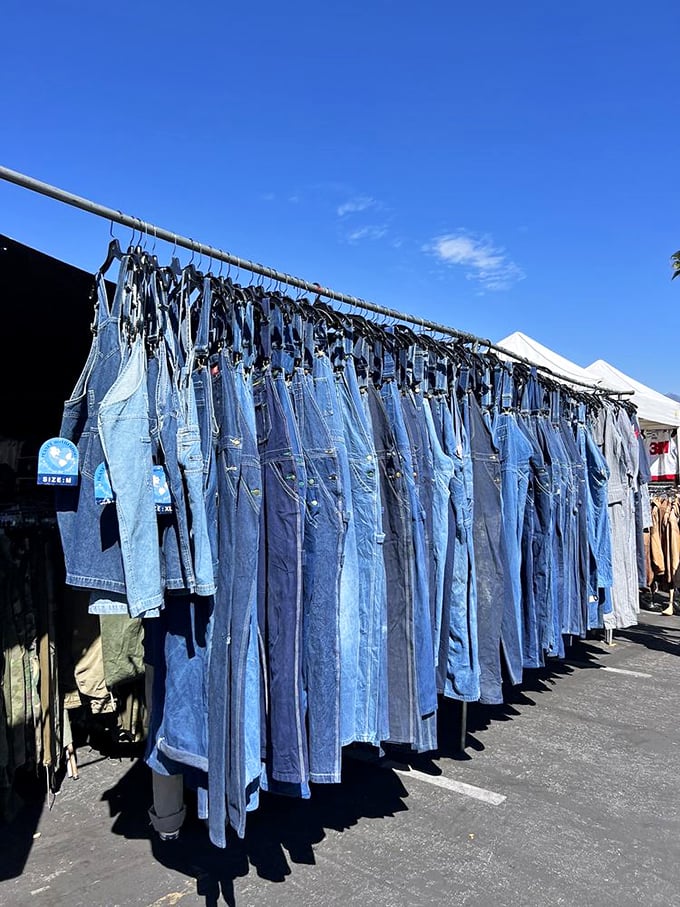 Denim as far as the eye can see! Every shade of blue hanging like a textile waterfall, waiting to become someone's "lucky find" story.