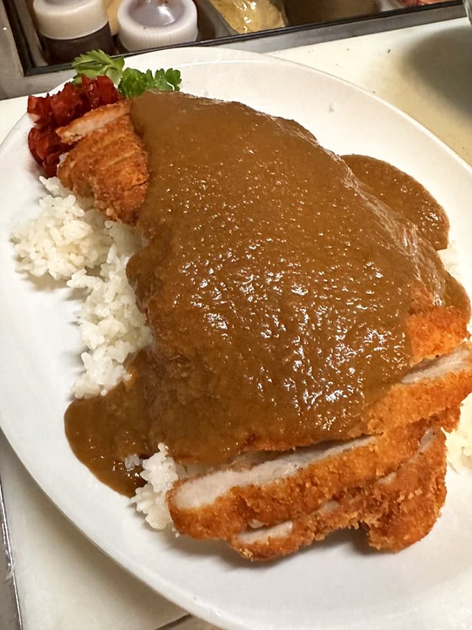 Katsu curry that's having an identity crisis in the best possible way—Japanese comfort food that makes you want to cancel your afternoon plans and take a nap.