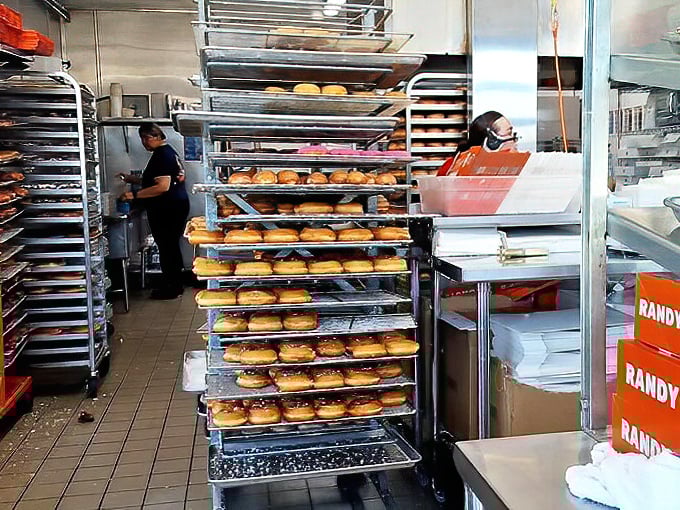 Behind the scenes magic: where rows of golden donuts await their moment of glory before meeting their destiny in your eager hands.