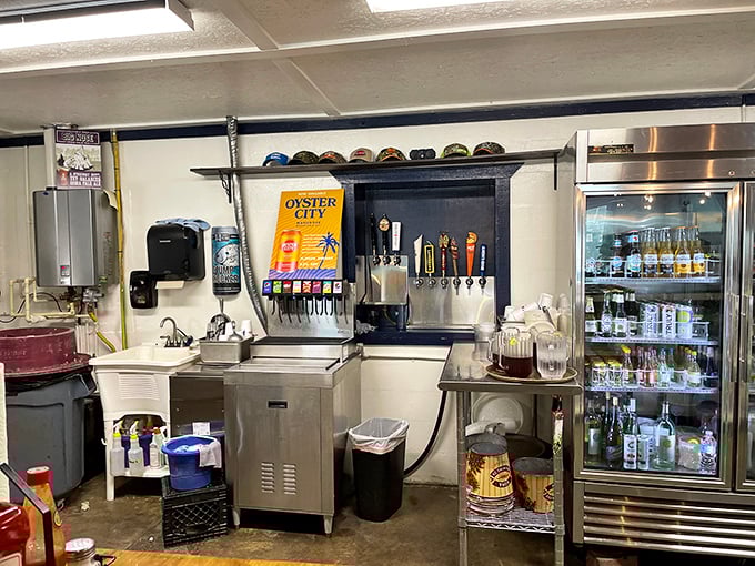 The beverage station – where sweet tea flows like liquid sunshine and beer taps stand ready to wash down your seafood feast.