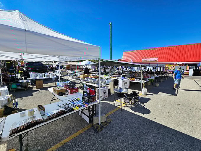 Treasure hunters scan tables of potential purchases, where kitchen gadgets and tools await their chance to become someone's favorite find.