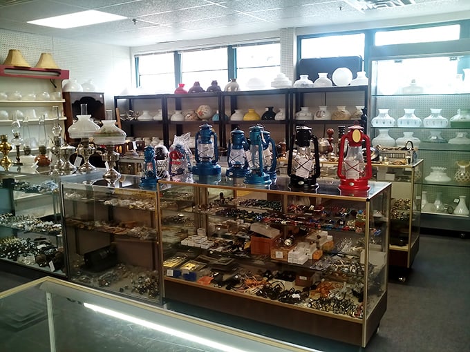A lamp collector's paradise that would light up Thomas Edison's eyes. Those blue lanterns aren't just illumination—they're beacons calling to your inner decorator.